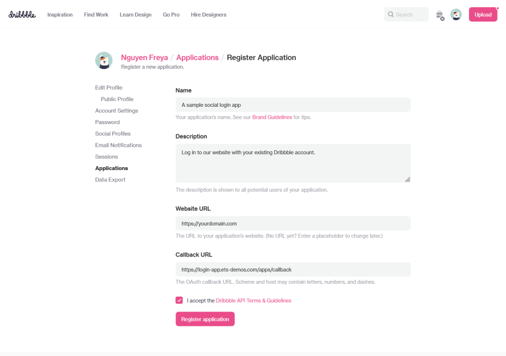 Get Dribbble API key pair